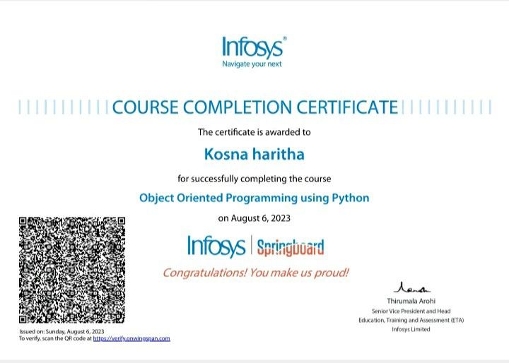 Haritha Kosna on LinkedIn: I completed a Python programming in Infosys ... Haritha Kosna on LinkedIn: I completed a Python programming in Infosys ...