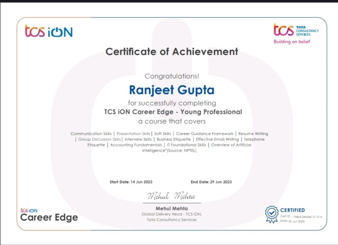 RANJEET GUPTA on LinkedIn: Thanks Tata Consultancy Services TCS iON . I ... RANJEET GUPTA on LinkedIn: Thanks Tata Consultancy Services TCS iON . I ...