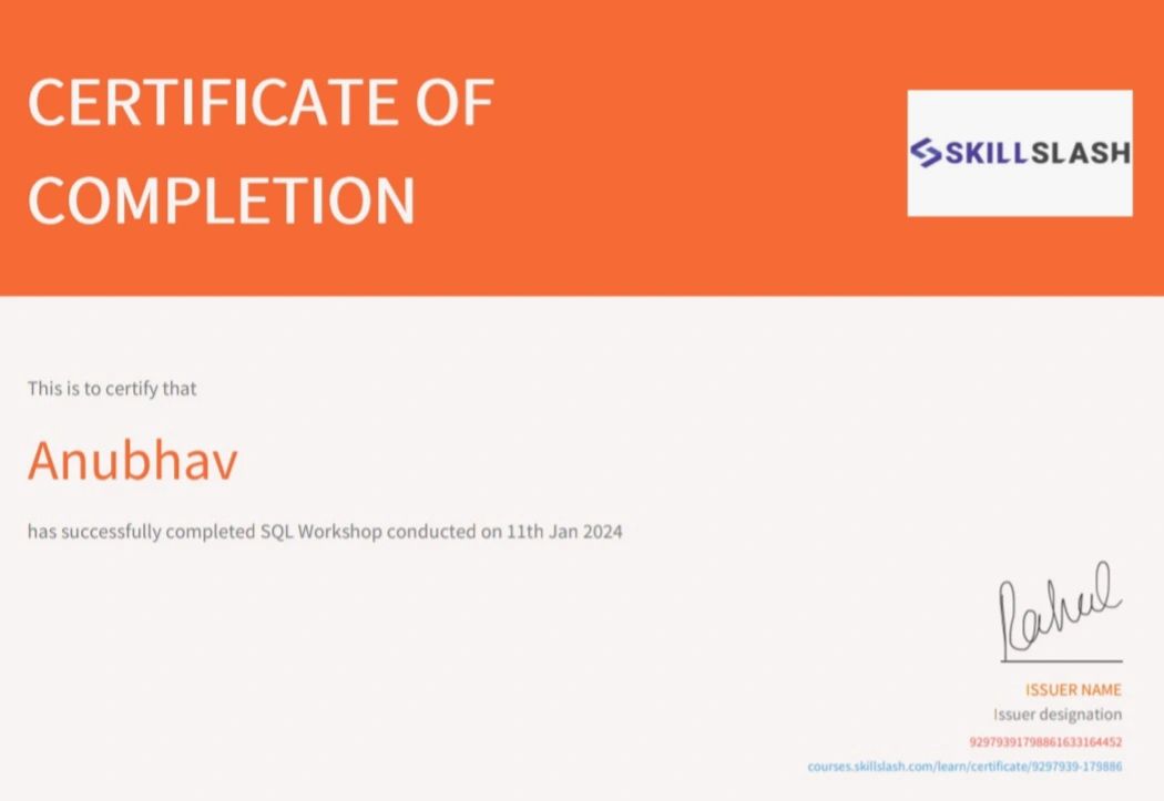 Anubhav Varshney on LinkedIn: #skillslash #sql #certificate Anubhav Varshney on LinkedIn: #skillslash #sql #certificate