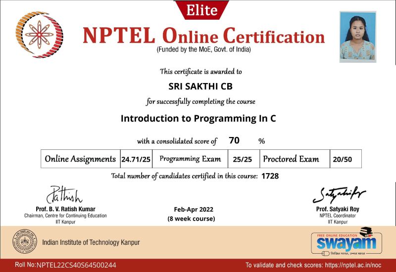 Completion of NPTEL course in C Programming | Sri Sakthi CB posted on ... Completion of NPTEL course in C Programming | Sri Sakthi CB posted on ...