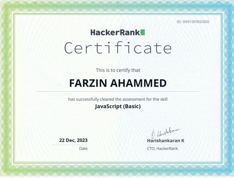 Earned a JavaScript certificate! | FARZIN AHAMMED K posted on the topic ... Earned a JavaScript certificate! | FARZIN AHAMMED K posted on the topic ...