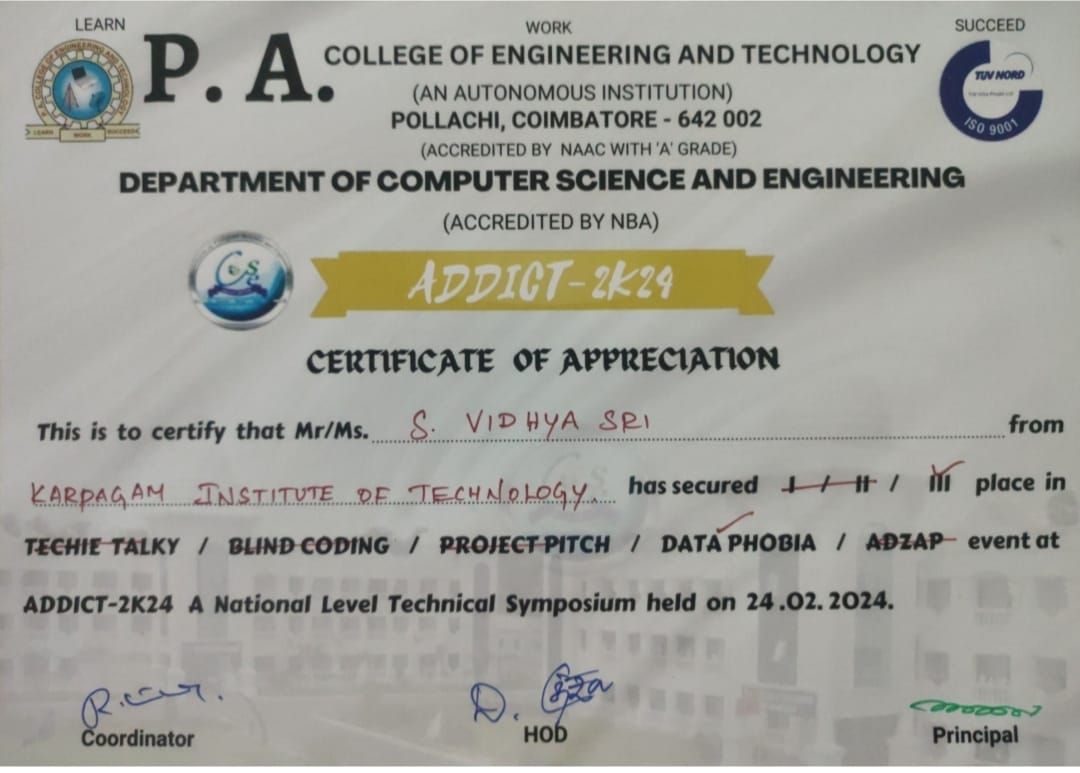 S.Vidhya Sri on LinkedIn: I'm happy to tell that I've secured the 3rd ... S.Vidhya Sri on LinkedIn: I'm happy to tell that I've secured the 3rd ...