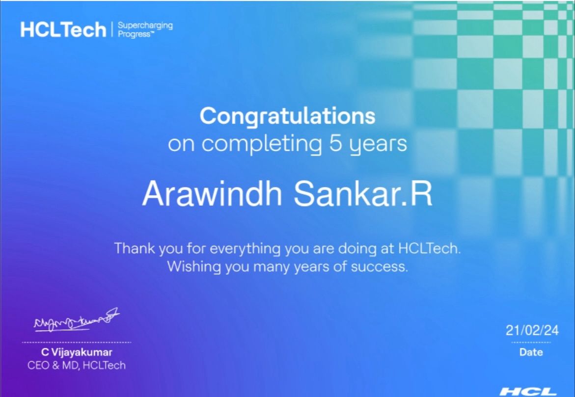 Arawindh Sankar.R on LinkedIn: #hcltech #workanniversary #milestone # ... Arawindh Sankar.R on LinkedIn: #hcltech #workanniversary #milestone # ...
