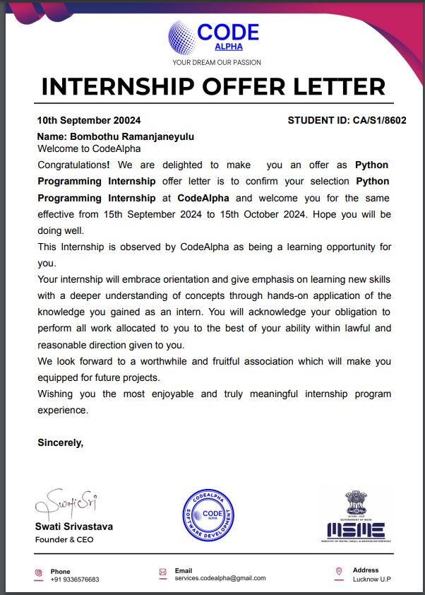 Bombothu Ramanjaneyulu on LinkedIn: #codealpha #internship #codeapha # ... Bombothu Ramanjaneyulu on LinkedIn: #codealpha #internship #codeapha # ...
