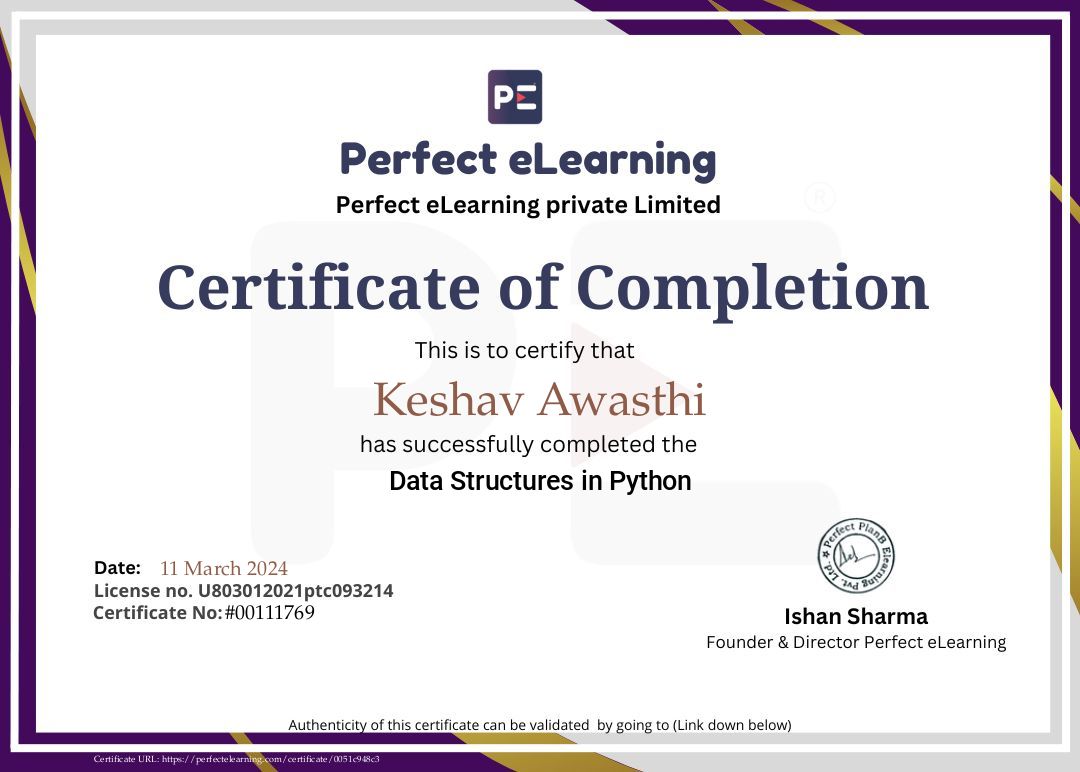 Completed Data Structure course by Perfect E learning | Keshav Awasthi ... Completed Data Structure course by Perfect E learning | Keshav Awasthi ...