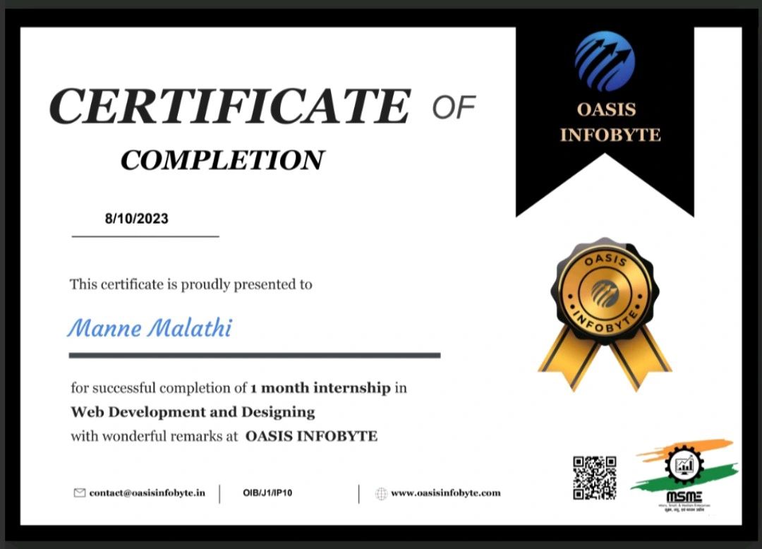 #webdevelopment #internshipopportunity #oasisinfobyte | Malathi Manne #webdevelopment #internshipopportunity #oasisinfobyte | Malathi Manne