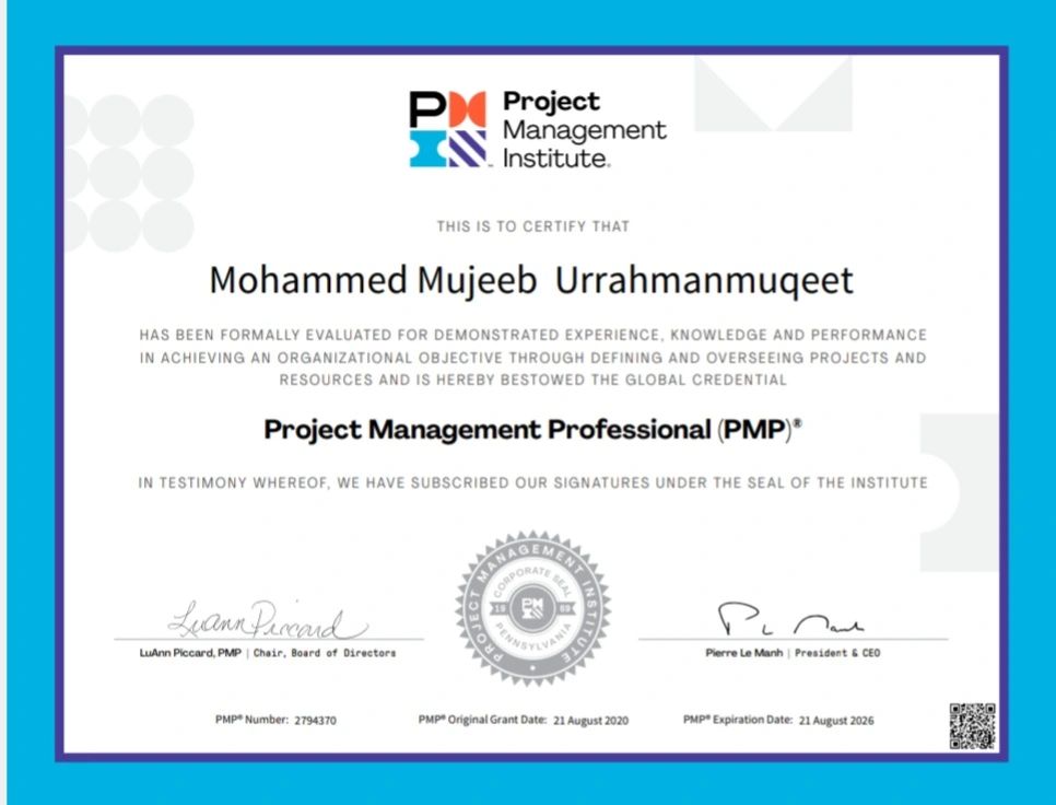 Mohammed Mujeeb Ur Rahman, PMP® on LinkedIn: Renewed my PMP ... Mohammed Mujeeb Ur Rahman, PMP® on LinkedIn: Renewed my PMP ...