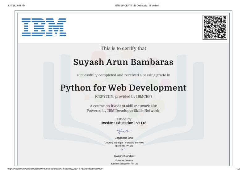 Suyash Bambaras on LinkedIn: Certificate in Python Development from IBM ... Suyash Bambaras on LinkedIn: Certificate in Python Development from IBM ...