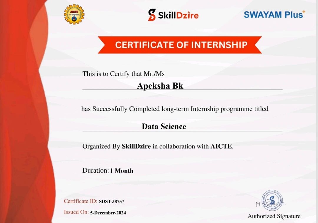 Apeksha B K on LinkedIn: #datascience #internship #skilldzire Apeksha B K on LinkedIn: #datascience #internship #skilldzire