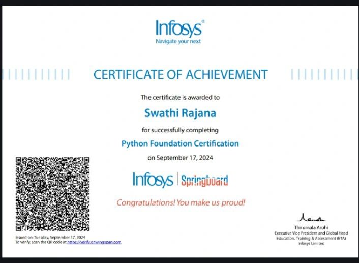 Swathi Rajana on LinkedIn: #infosysspringboard #certification #python Swathi Rajana on LinkedIn: #infosysspringboard #certification #python