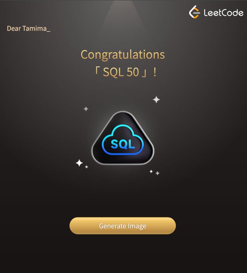 🎯 Excited to share that I've completed the 'SQL 50' Study Plan on ... 🎯 Excited to share that I've completed the 'SQL 50' Study Plan on ...