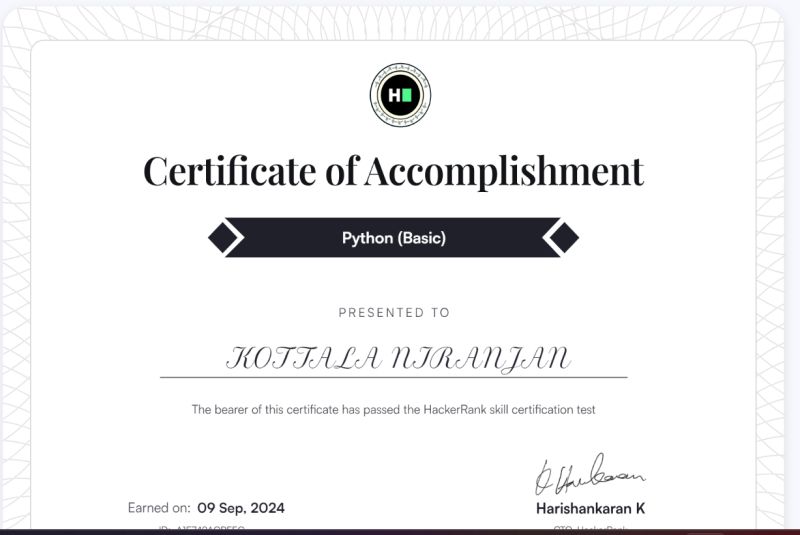 Finished Python certification with HackerRank! | Niranjan Kottala ... Finished Python certification with HackerRank! | Niranjan Kottala ...