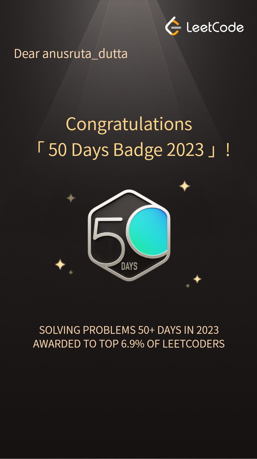 Finished 50 Days of Code on LeetCode | ANUSRUTA DUTTA posted on the ... Finished 50 Days of Code on LeetCode | ANUSRUTA DUTTA posted on the ...