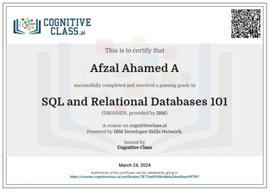 Afzal Ahamed A on LinkedIn: #sql #relationaldatabase #ibm #cognitiveclass Afzal Ahamed A on LinkedIn: #sql #relationaldatabase #ibm #cognitiveclass