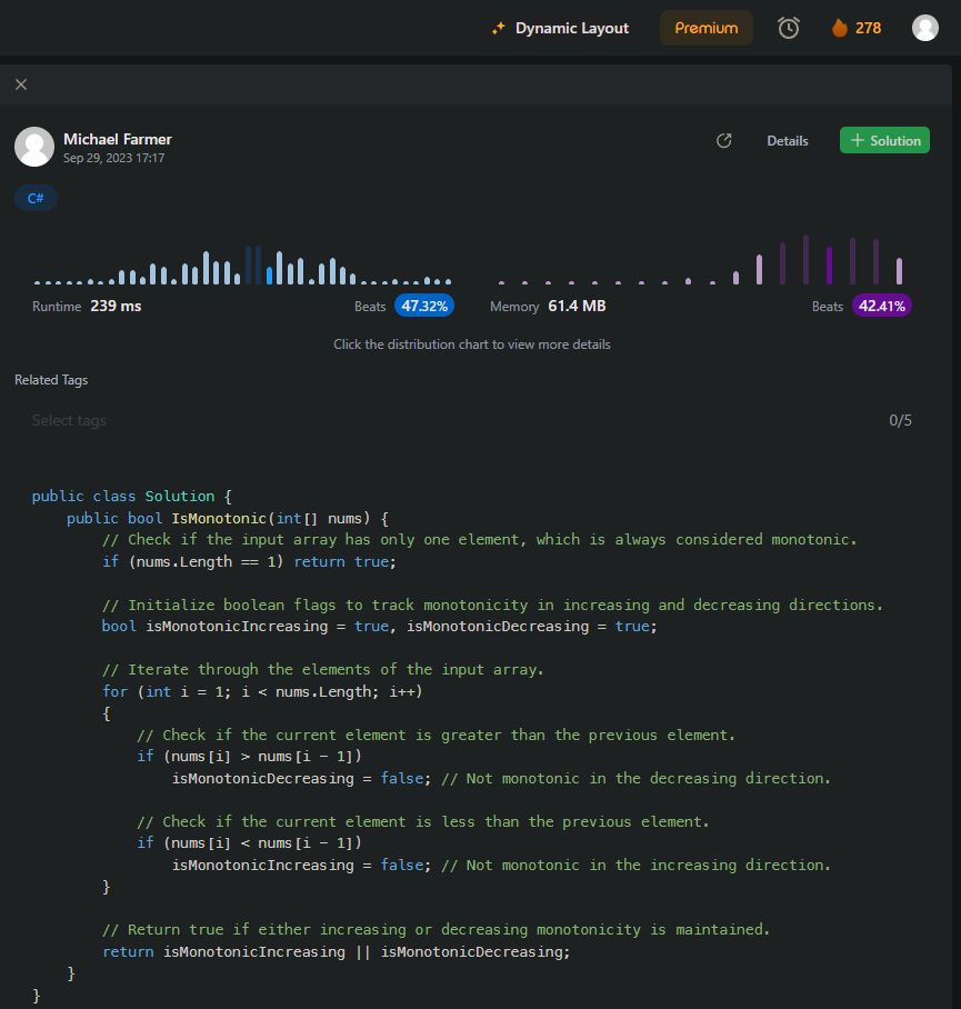 Michael Farmer on LinkedIn: Day 278 of Daily LeetCode | 896. Monotonic ... Michael Farmer on LinkedIn: Day 278 of Daily LeetCode | 896. Monotonic ...