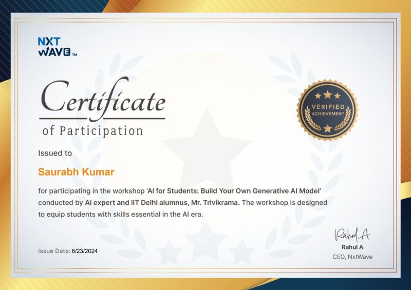 Earned NxtWave's Generative AI certificate | Saurabh Kumar Suman (Mr ... Earned NxtWave's Generative AI certificate | Saurabh Kumar Suman (Mr ...