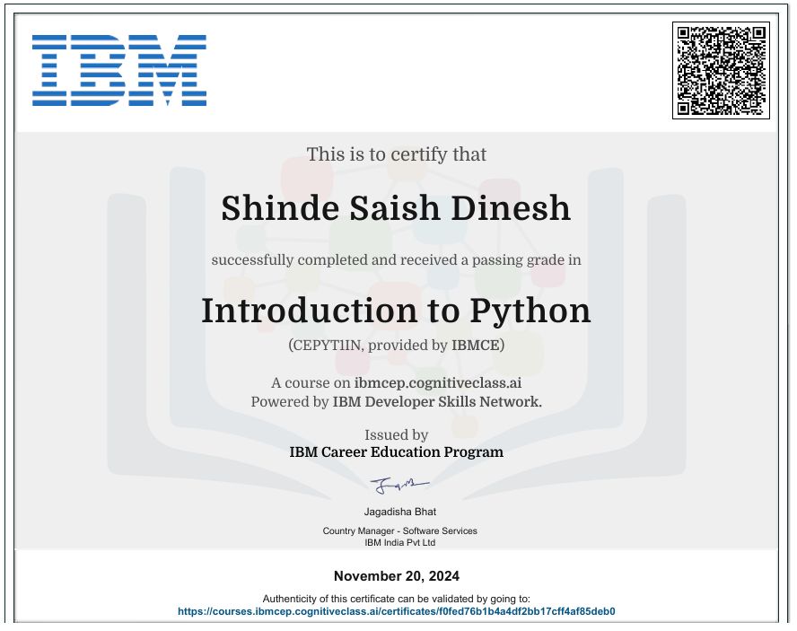 Saish Shinde on LinkedIn: #python #ibm #techskills #codingjourney #learning Saish Shinde on LinkedIn: #python #ibm #techskills #codingjourney #learning