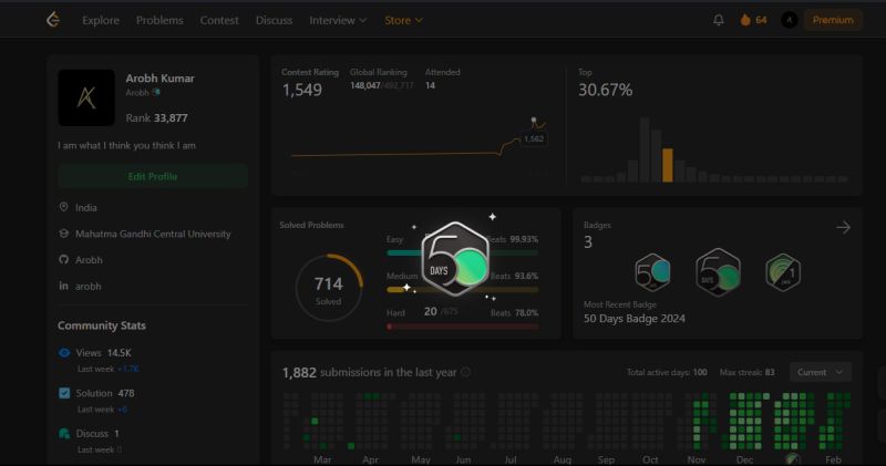 #codingjourney #leetcode #100daysofcode #continuouslearning | Arobh Kumar #codingjourney #leetcode #100daysofcode #continuouslearning | Arobh Kumar