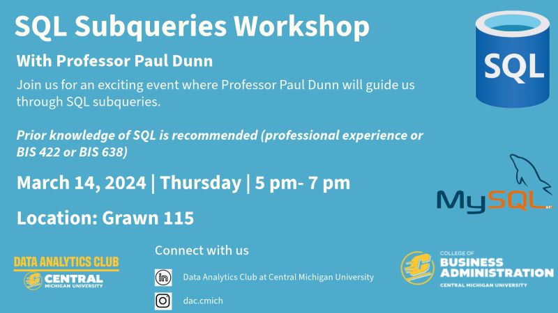 Learn SQL Subqueries with Prof. Dunn | Data Analytics Club at Central ... Learn SQL Subqueries with Prof. Dunn | Data Analytics Club at Central ...