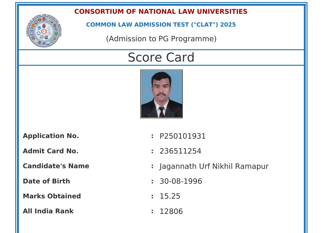 Adv. Jagannath R. Ramapur on LinkedIn: My CLAT PG 2025 Score card. My ... Adv. Jagannath R. Ramapur on LinkedIn: My CLAT PG 2025 Score card. My ...