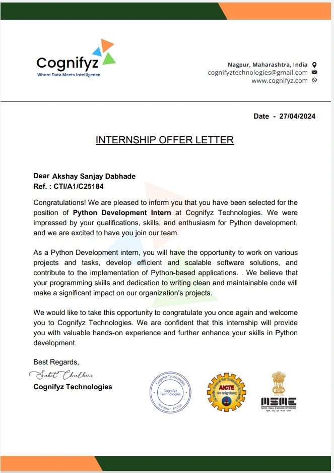 #python #pythondeveloper #internship #cognifyztechnologies… | AKSHAY ... #python #pythondeveloper #internship #cognifyztechnologies… | AKSHAY ...