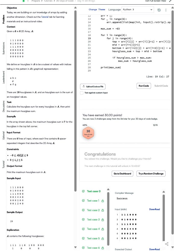 Completed Day 11: 2D Arrays – HackerRank 30 Days of Code… | Sanari ... Completed Day 11: 2D Arrays – HackerRank 30 Days of Code… | Sanari ...