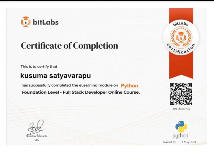Finished Python course with a certificate | Kusuma Satyavarapu posted ... Finished Python course with a certificate | Kusuma Satyavarapu posted ...
