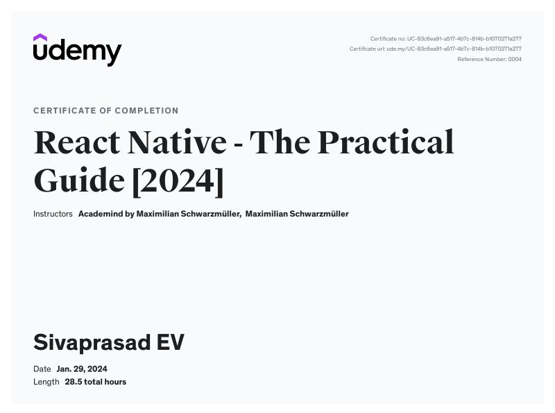 Completed React Native - The Pracrical Guide | SIVAPRASAD E V posted on ... Completed React Native - The Pracrical Guide | SIVAPRASAD E V posted on ...