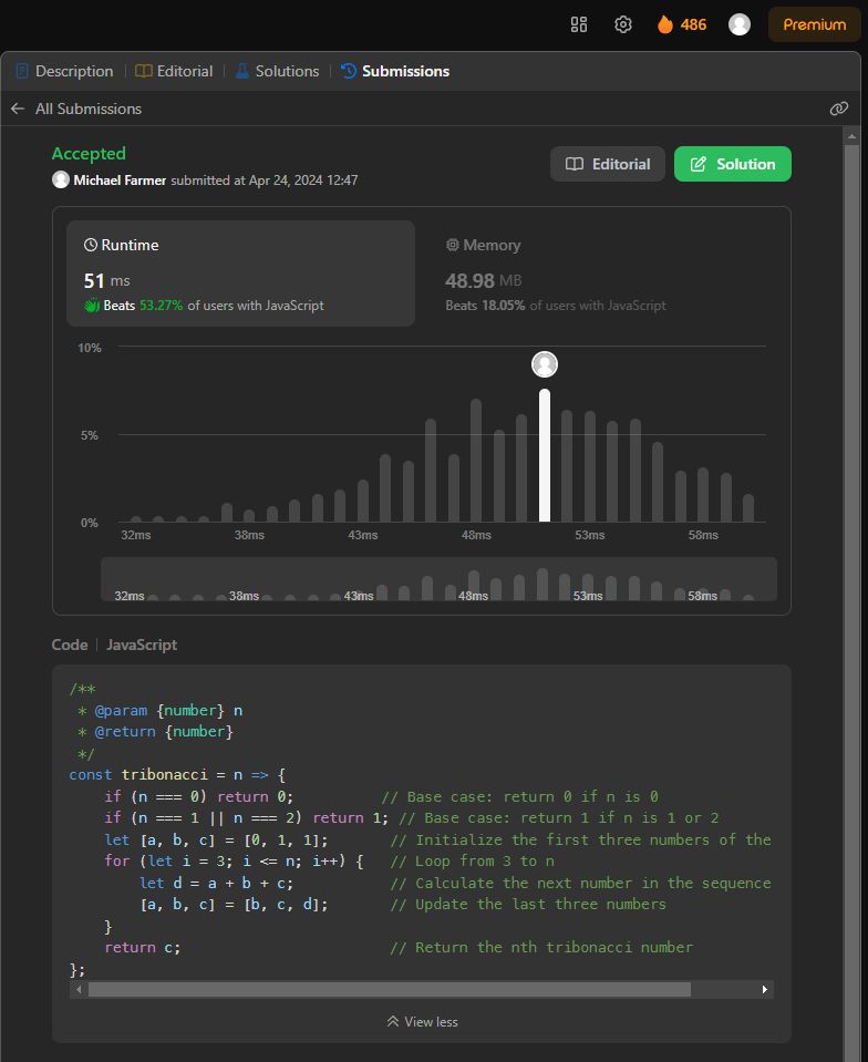 Day 486 of Daily LeetCode | 1137. N-th Tribonacci Number… | Michael Farmer Day 486 of Daily LeetCode | 1137. N-th Tribonacci Number… | Michael Farmer