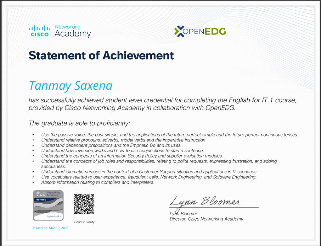 #cisconetworkingacademy #openedg #englishforit #techskills… | Tanmay Saxena #cisconetworkingacademy #openedg #englishforit #techskills… | Tanmay Saxena