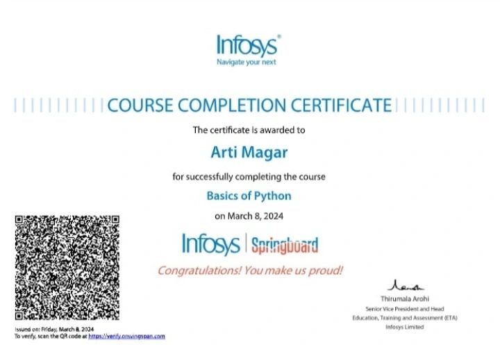 Arti Magar on LinkedIn: #infosis #springboard #pythonprogramming Arti Magar on LinkedIn: #infosis #springboard #pythonprogramming