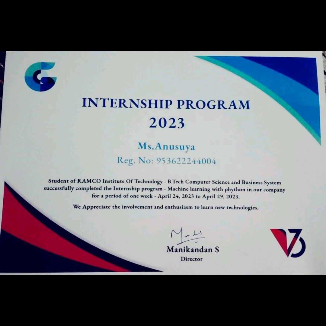 Anusuya V on LinkedIn: #machinelearning #internship #python Anusuya V on LinkedIn: #machinelearning #internship #python