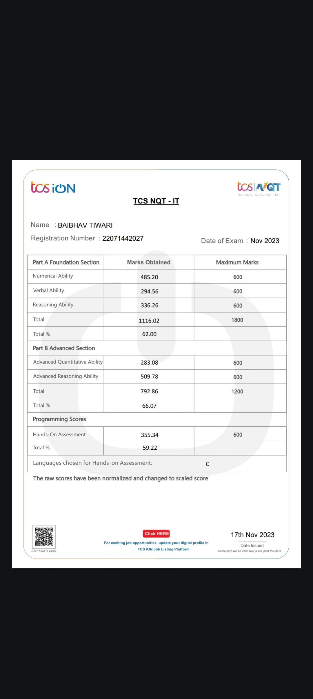Baibhav Tiwari on LinkedIn: TCS NQT -IT , SCORECARD Baibhav Tiwari on LinkedIn: TCS NQT -IT , SCORECARD