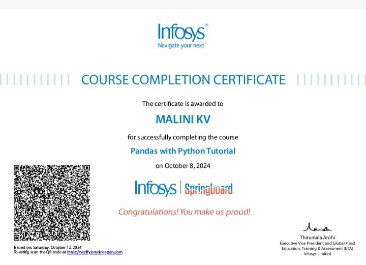 Malini K.v on LinkedIn: i completed a course in pandas with python ... Malini K.v on LinkedIn: i completed a course in pandas with python ...