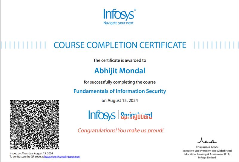 Abhijit Mondal on LinkedIn: Another certification from Infosys is in ... Abhijit Mondal on LinkedIn: Another certification from Infosys is in ...