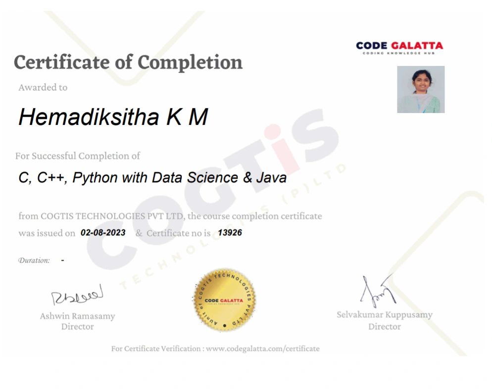 Hemadiksitha K M on LinkedIn: #certificate #completion #programming # ... Hemadiksitha K M on LinkedIn: #certificate #completion #programming # ...