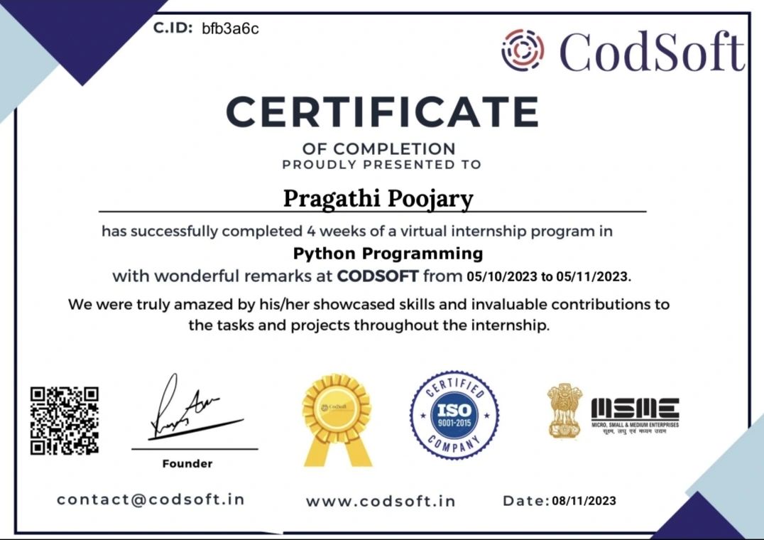 Pragathi Poojary on LinkedIn: #codsoft #internship #certification Pragathi Poojary on LinkedIn: #codsoft #internship #certification