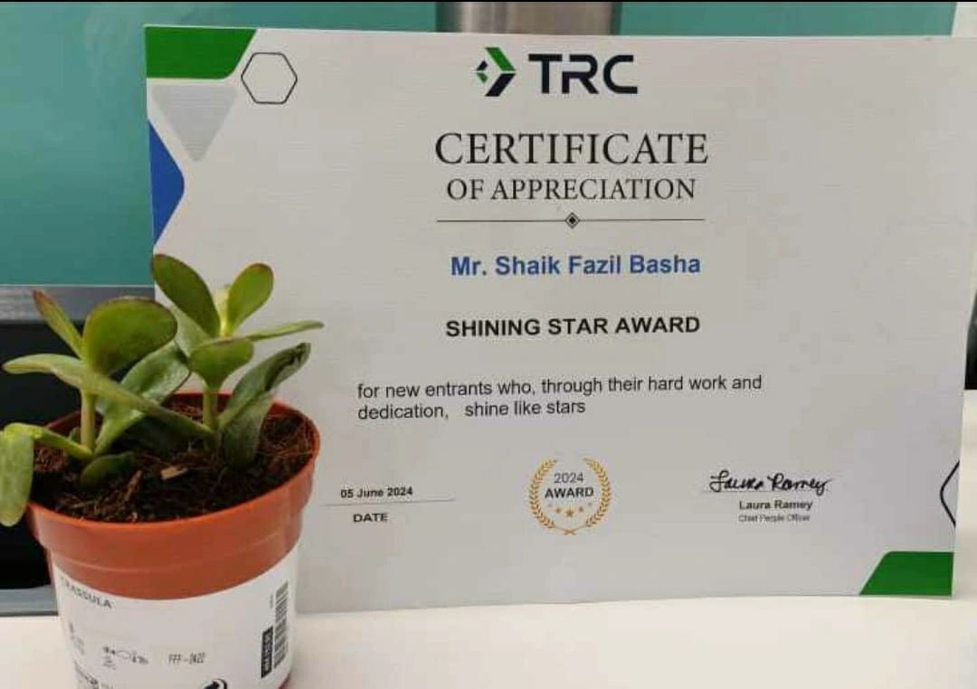Fazil Basha Shaik on LinkedIn: Received Shinning star award @TRC Fazil Basha Shaik on LinkedIn: Received Shinning star award @TRC