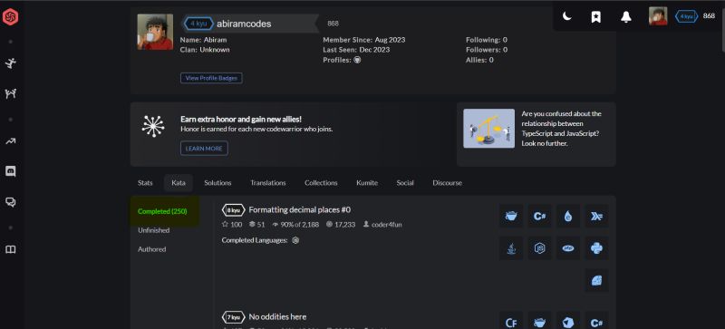 Achieving 250 JavaScript challenges on Codewars | Abirama Kannan Baskar ... Achieving 250 JavaScript challenges on Codewars | Abirama Kannan Baskar ...