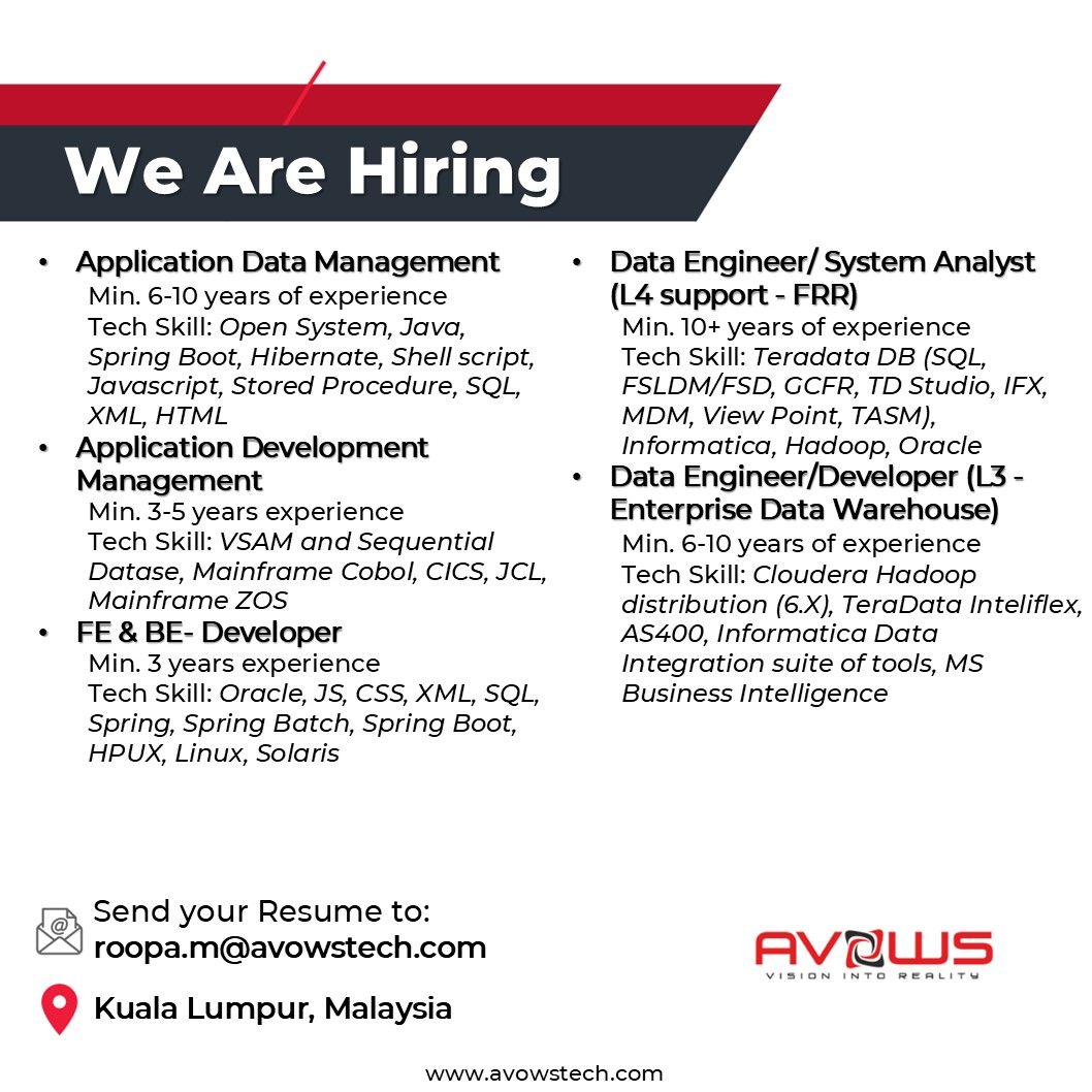 Roopa . on LinkedIn: #avowshiring #as400 #hadoop #dataengineer #java # ... Roopa . on LinkedIn: #avowshiring #as400 #hadoop #dataengineer #java # ...