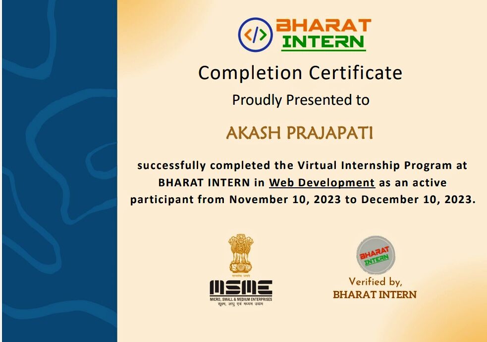 #bhartintern #webdevelopment #internship #completed | Akash Prajapati #bhartintern #webdevelopment #internship #completed | Akash Prajapati