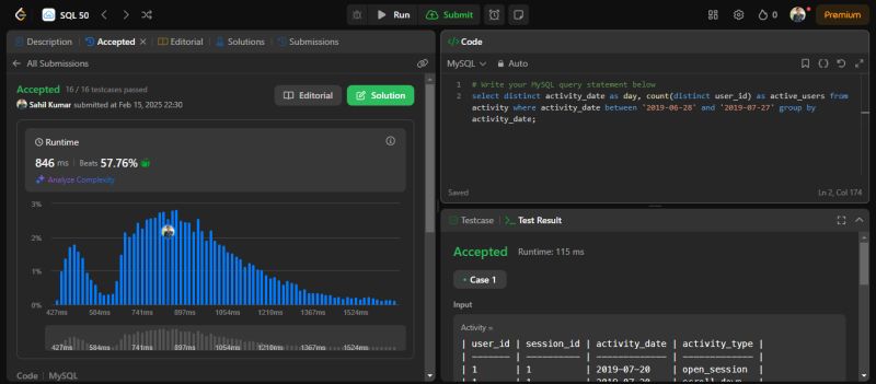 #leetcodechallenge #sql #distinct #groupby #aggregation #useractivity ... #leetcodechallenge #sql #distinct #groupby #aggregation #useractivity ...