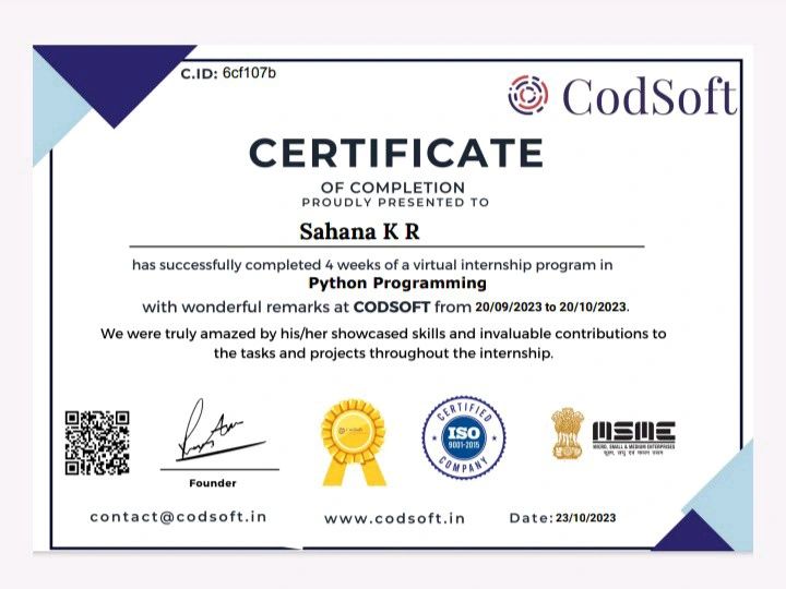 Sahana K.R on LinkedIn: #codsoft #internship #pythonprogramming Sahana K.R on LinkedIn: #codsoft #internship #pythonprogramming