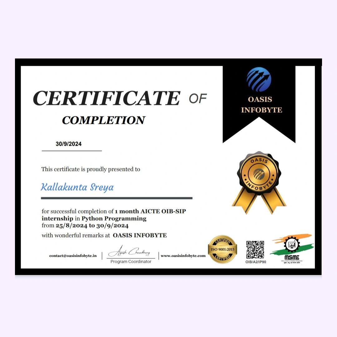 Sreya Kandlakunta on LinkedIn: #internship #python Sreya Kandlakunta on LinkedIn: #internship #python
