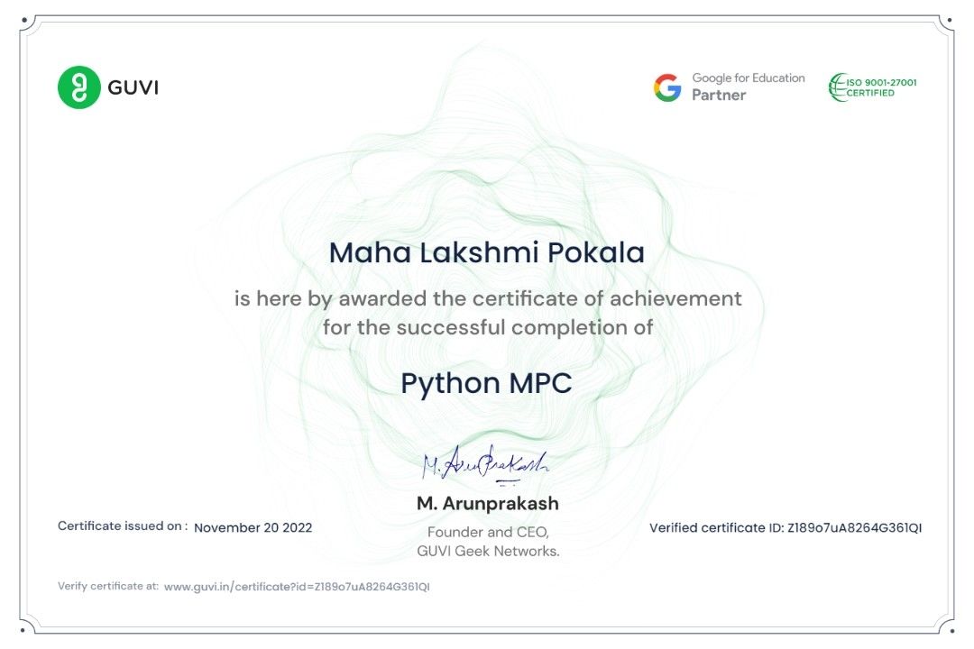 Maha Lakshmi Pokala on LinkedIn: #python #guvi Maha Lakshmi Pokala on LinkedIn: #python #guvi