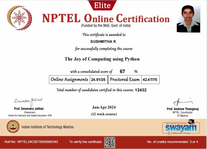 Sushmitha K on LinkedIn: #python #nptel #swayam #codingjourney #techskills Sushmitha K on LinkedIn: #python #nptel #swayam #codingjourney #techskills