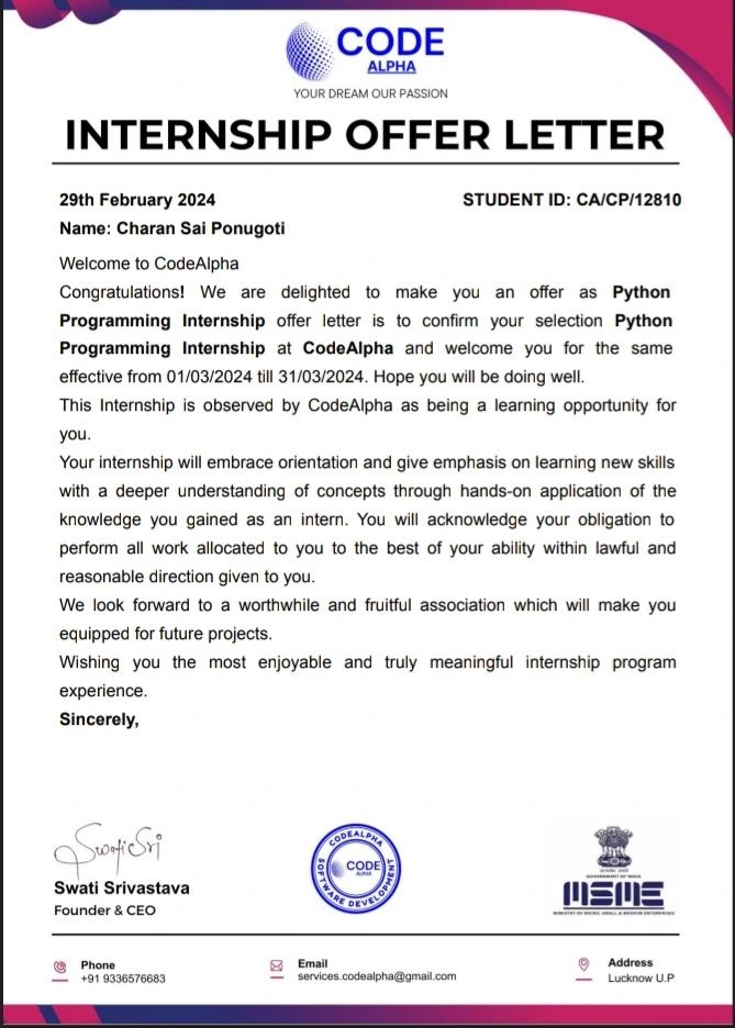 Got an offer letter for Python internship from CodeAlpha | Charan Sai ... Got an offer letter for Python internship from CodeAlpha | Charan Sai ...