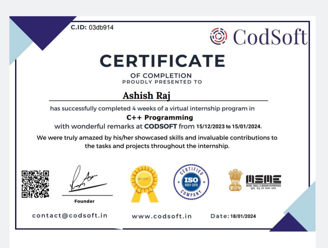 Finished CodSoft internship with coding skills | Ashish Raj posted on ... Finished CodSoft internship with coding skills | Ashish Raj posted on ...
