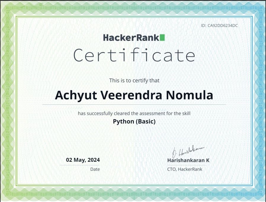 Finished Python Basics with HackerRank | Achyut Veerendra Nomula posted ... Finished Python Basics with HackerRank | Achyut Veerendra Nomula posted ...