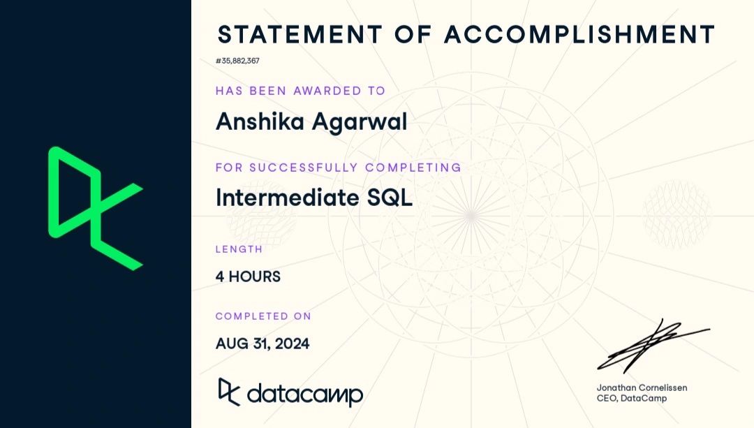 ANSHIKA AGARWAL on LinkedIn: #datacamp #sql #intermediatesql # ... ANSHIKA AGARWAL on LinkedIn: #datacamp #sql #intermediatesql # ...